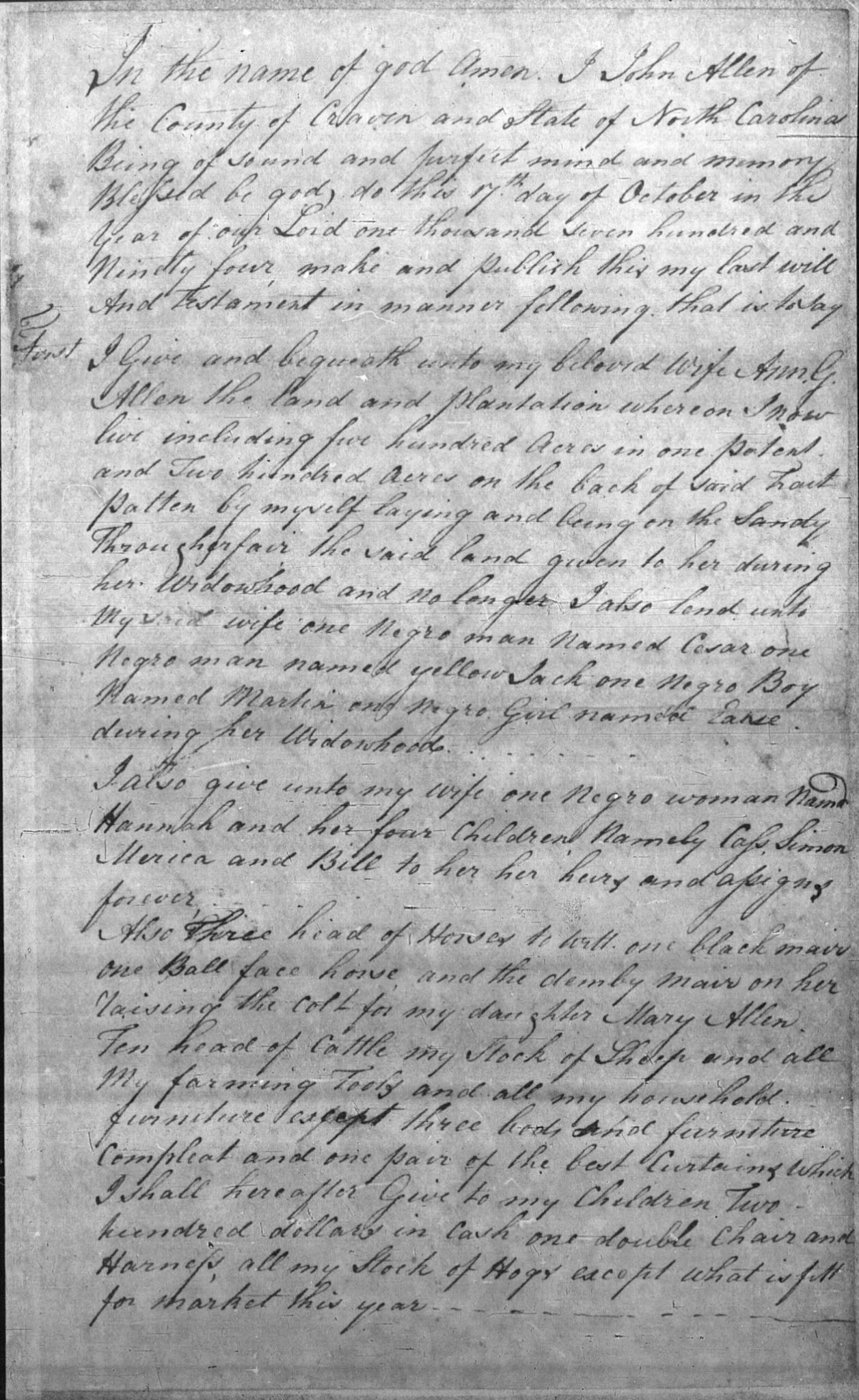 1794 Will of John Allen, Craven County — North Carolina Genealogy